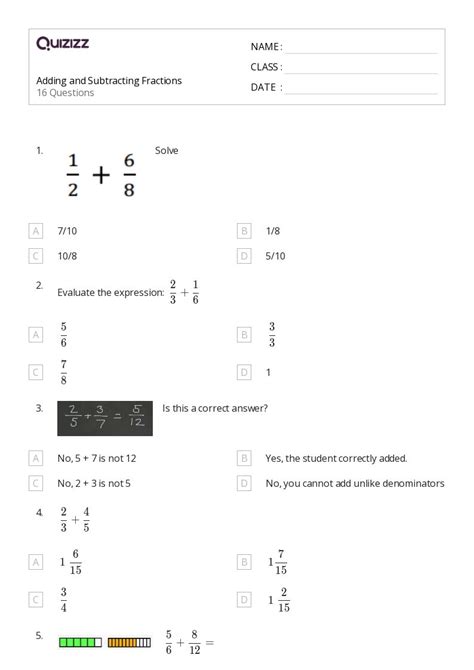 50 adding and subtracting fractions worksheets for 8th class on quizizz free and printable