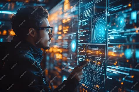 cybersecurity analyst working on a complex data encryption futuristic tech environment premium