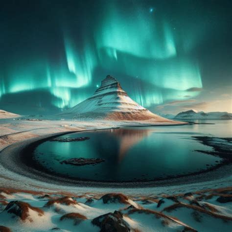 Northern Lights At Kirkjufell Iceland With Stunning Winter Landscape