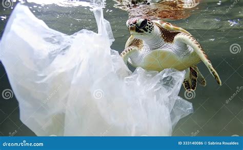 Sea Turtle With Plastic In Mouth A Tragic Consequence Of Plastic Pollution In Clear Blue Ocean