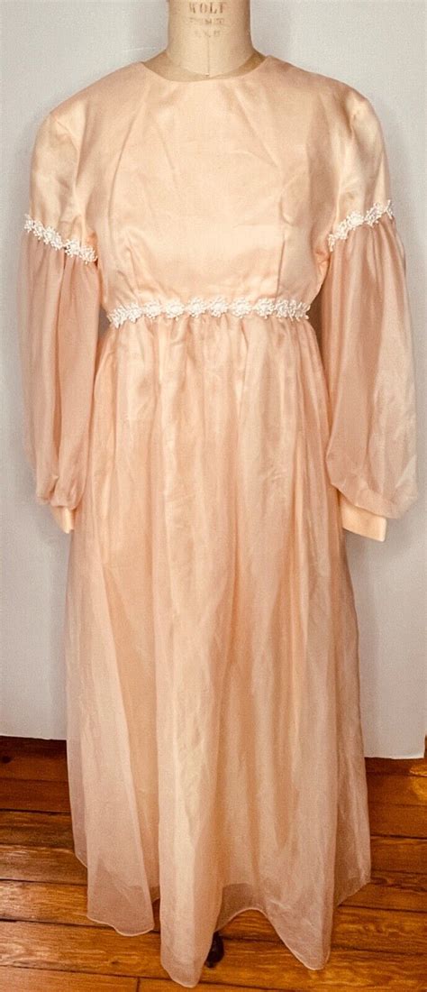 Vtg Boho 70s Lorrie Deb Peach Chiffon Bishop Sleeve … Gem