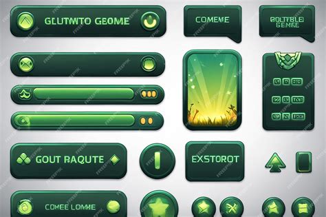 set of green game buttons for mobile games with editable text effect
