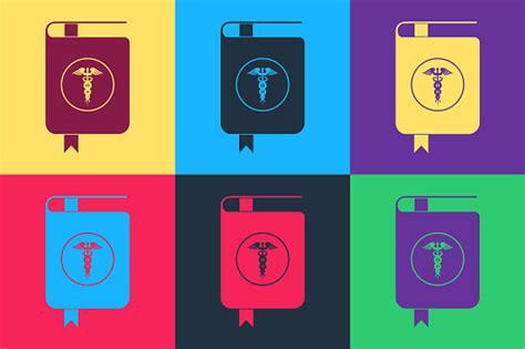 팝 아트 의료 책과 색 배경에 고립 된 Caduceus 의료 아이콘 의료 참조 책 교과서 백과 사전 과학 문헌 벡터 0명에 대한 스톡 벡터 아트 및 기타 이미지 Istock