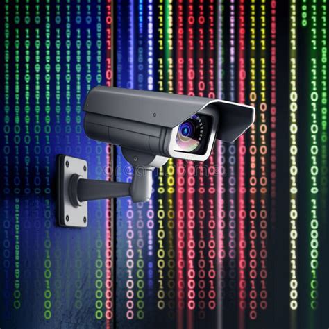 Surveillance Camera Overlaid With Binary Code In Blue Red And Green Stock Illustration