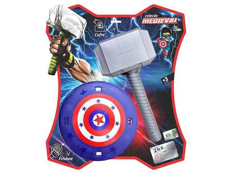 Kit Martelo Tor Escudo Capitão Améric Heróis Fantasia Artetoys Escudo De Brinquedo