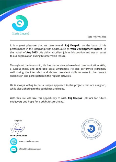 Raj Deepak On Linkedin Codeclause Letterofrecommendation Codeclause