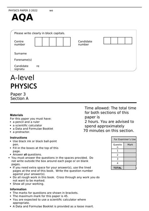 AQA A LEVEL PHYSICS PAPER 3 JUNE 2022 Question Paper And Mark Scheme Stuvia US