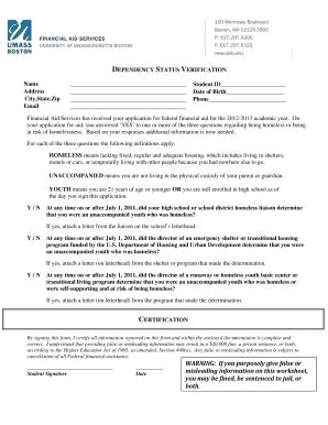 Fillable Online 2012 2013 Dependency Status Verification Fax Email Print PdfFiller