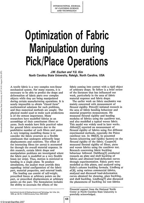 Pdf Optimization Of Fabric Manipulation During Pickplace Operations