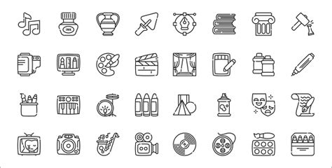 연필 필름 릴 시네마 카메라 드라마 극장 드럼 라이너 무대 그래픽 드 와 같은 32 개의 순수 예술 얇은 윤곽 아이콘 세트 날씬