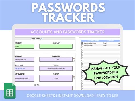 Password Tracker Excel Spreadsheet For Google Sheets Password Organizer Spreadsheet Template