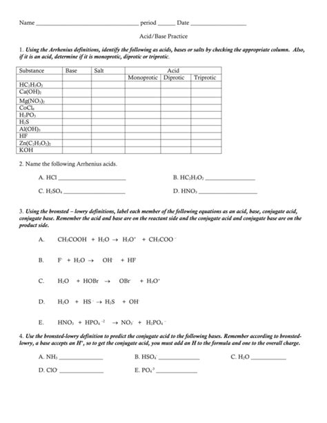 Acid Base Chemistry Practice Worksheet
