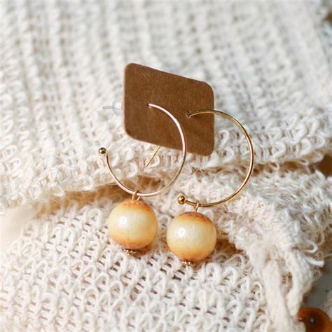 Gold C Hoop Sustainable Earrings With Big White Round Beads Ways Out