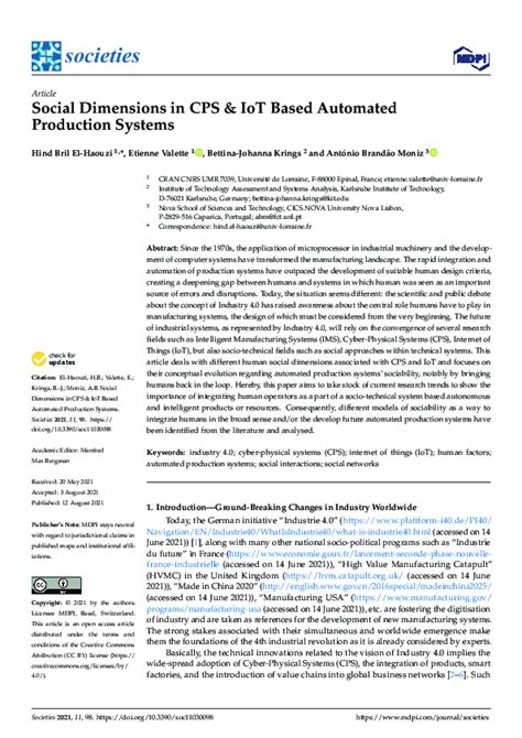 Pdf Social Dimensions In Cps And Iot Based Automated Production Systems
