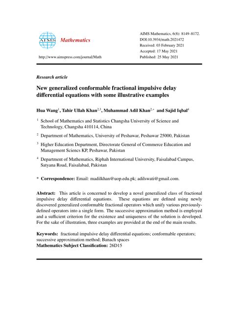 Pdf New Generalized Conformable Fractional Impulsive Delay Differential Equations With Some