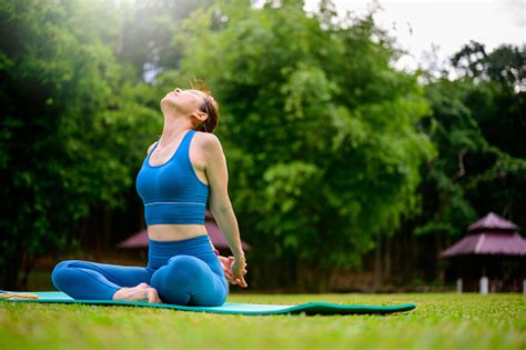연꽃 포즈를 취하고 자연 공원에서 요가를 연습하는 아시아 여성의 전체 길이 샷 45 49세에 대한 스톡 사진 및 기타 이미지 45 49세 건강한 생활방식 긍정적인