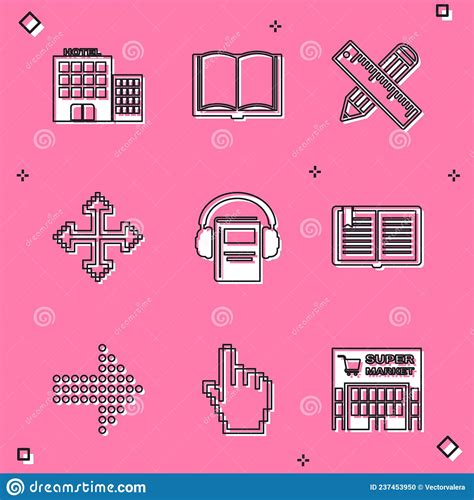 Set Hotel Building Open Book Crossed Ruler And Pencil Pixel Arrows Four Directions Audio