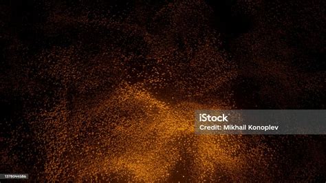 검은 색 배경에 확산 황금 모래의 추상적 인 패턴 오렌지 도트 구름이 어둠 속에서 소용돌이치는다 가상 데이터 모션 배경 3d