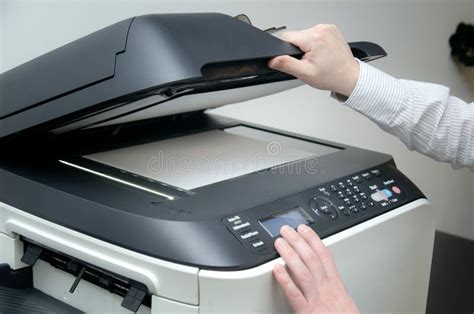 Man Using Scanner Device In Office Stock Image Image Of Button White 97533781