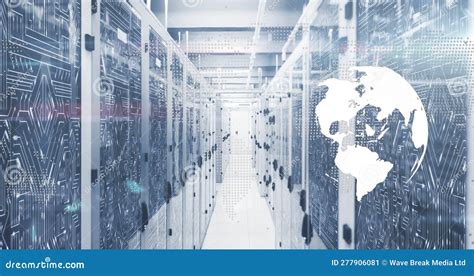 Animation Of Spinning Globe And Microprocessor Connections Against Computer Server Room Stock
