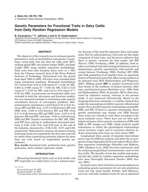Pdf Genetic Parameters For Functional Traits In Dairy Cattle From
