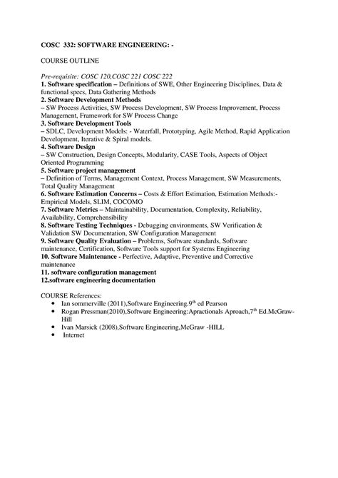COSC Notes Introduction COSC SOFTWARE ENGINEERING COURSE OUTLINE Pre Requisite