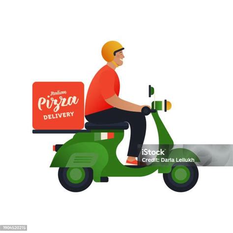 오토바이를 탄 피자 배달원 현대 평면 벡터 일러스트 레이 션입니다 고립된 배경에 배달 상자를 가진 스쿠터에 헬멧을 쓴 남자 건강에 좋지 않은 음식에 대한 스톡 벡터 아트 및