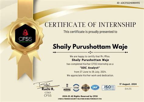 shaily waje on linkedin cybersecurity soc internship cfss
