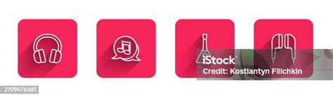 긴 그림자가 있는 라인 헤드폰 음악 음표 톤 Balalaika 및 Air 헤드폰을 설정합니다 빨간색 사각형 버튼입니다 벡터 국가 관광명소에 대한 스톡 벡터 아트 및 기타