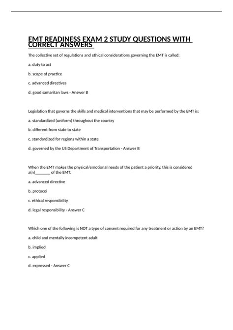 EMT READINESS EXAM STUDY QUESTIONS WITH CORRECT ANSWERS EMT READINESS Stuvia US