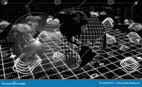 monochrome animation of globe rotating over interface with data