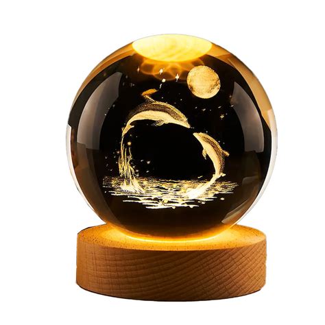 قیمت و خرید چراغ رومیزی مدل گوی شیشه ای 3d طرح دلفین و ماه عاشقانه