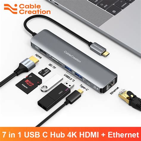 Cablecreation Usb Type C Hub Hdmi 4k 60hz 7 In 1 Usb C Adapter Rj45 Pd Charge Type C Dongle For