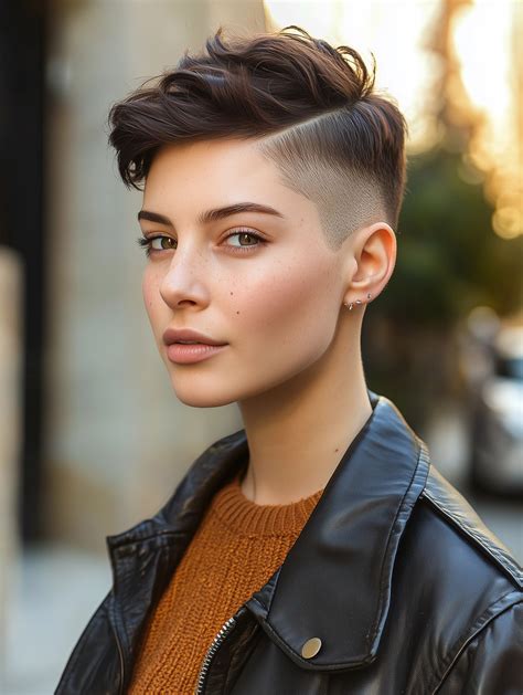 Modern Pixie Cut With Side Swept Volume And Boldly Shaved Sides For A Fashion Forward Look In
