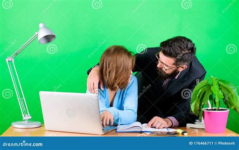 Successful Team Data And Information Sexual Harassment Business Couple At Computer Stock