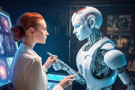 Premium Photo A Female Programmer Tests A Humanoid Robot The Concept Of Robot And Human
