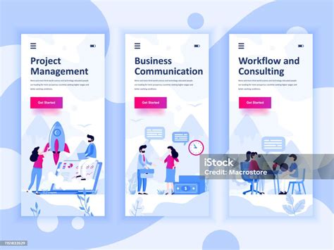 관리 통신 워크플로 모바일 앱 템플릿을 위한 온 보 딩 화면 사용자 인터페이스 키트 세트 리스트에 대한 스톡 벡터 아트 및 기타 이미지 Istock
