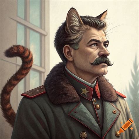 Portrait Of Joseph Stalin With Cat Ears And Tail In Military Uniform On