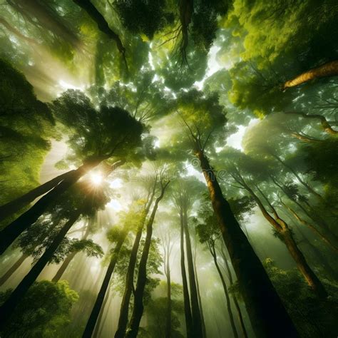 Looking From Below The Towering Trees Of Leaves Lush With Dappled Light