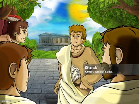 도시로 가는 길에 사원과 같은 고대 건물 근처의 로마 또는 그리스 고대 캐릭터가있는 만화 장면 건축에 대한 스톡 벡터 아트 및 기타 이미지 Istock