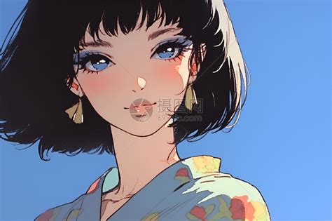 动漫风格女性角色穿着和服站在蓝天下插画图片下载 正版图片604020399 摄图网