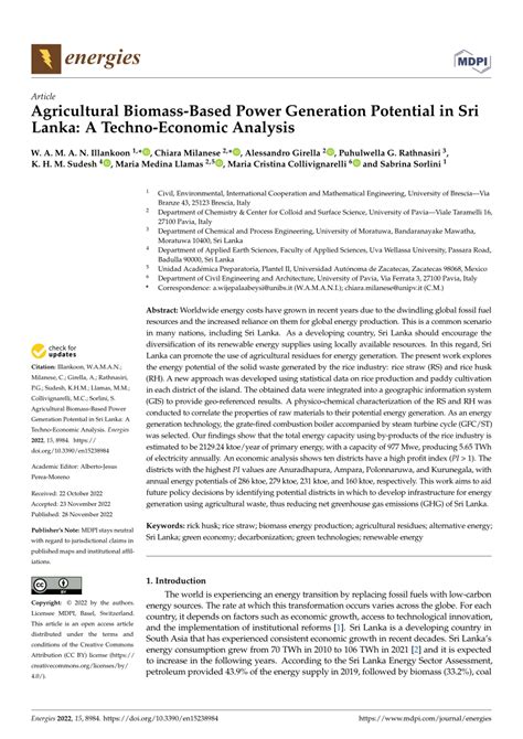 PDF Agricultural Biomass Based Power Generation Potential In Sri Lanka A Techno Economic Analysis