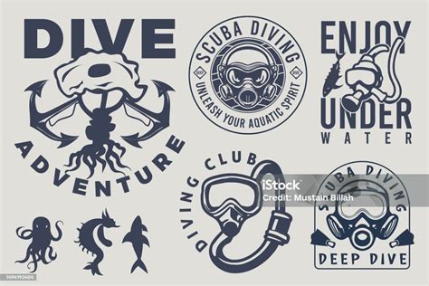 스쿠버 다이빙 배지 세트 벡터 그림입니다 셔츠 프린트 스탬프 또는 티셔츠에 대한 개념입니다 산악 캠프와 피셔 실루엣이 있는 빈티지 타이포그래피 디자인 극한의 모험 여름 캠프