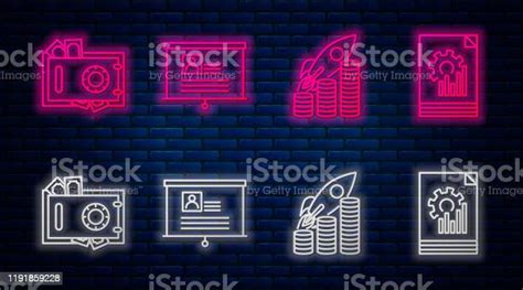 이력서와 라인 보드를 설정 로켓은 동전 성장 차트에 비행 그래프 차트와 안전및 돈과 문서 벽돌 벽에 빛나는 네온 아이콘입니다 벡터 0명에 대한 스톡 벡터 아트 및 기타