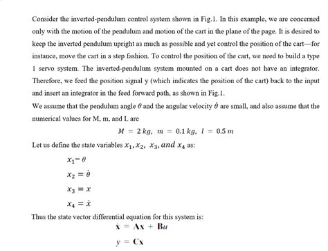 solved consider the inverted pendulum control system shown