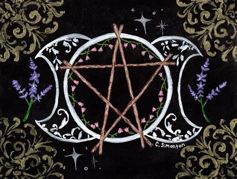 Whimsigoth Triple Moon Pentacle Art Print Wildflower Moon Magic
