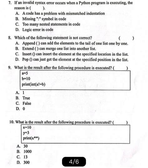 Solved 7 If An Invalid Syntax Error Occurs When A Python