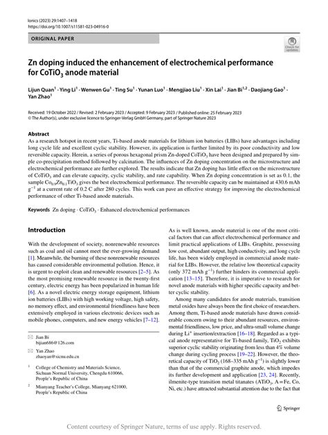 Zn Doping Induced The Enhancement Of Electrochemical Performance For Cotio3 Anode Material