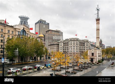 Shanghai China December Tourists Enjoy A View On A Terrace Near The Bund During A