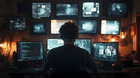 Programmer Working Late At Night In Front Of Multiple Monitors